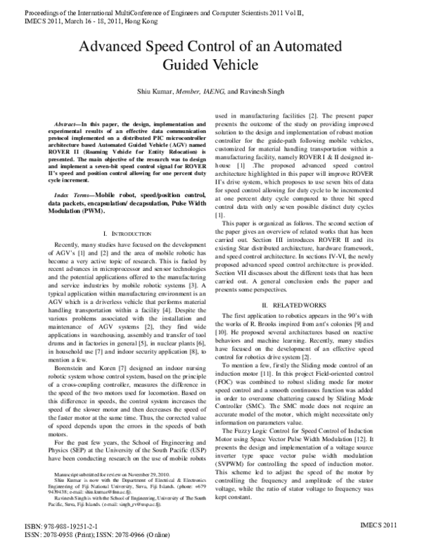Pdf Advanced Speed Control Of An Automated Guided Vehicle