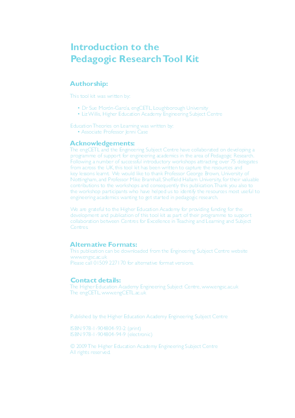 (PDF) Morón-García, S., & Willis, L. (2009). Pedagogic Research Tool Kit.