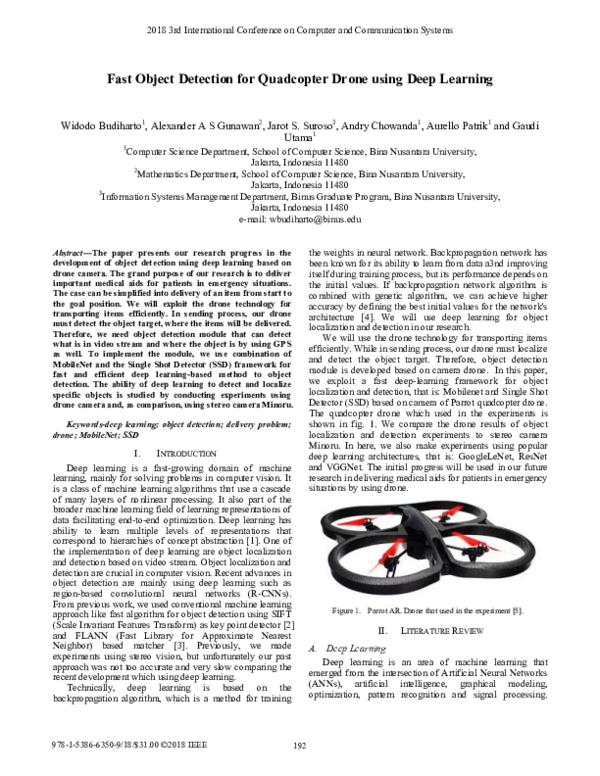 Pdf Fast Object Detection For Quadcopter Drone Using Deep Learning