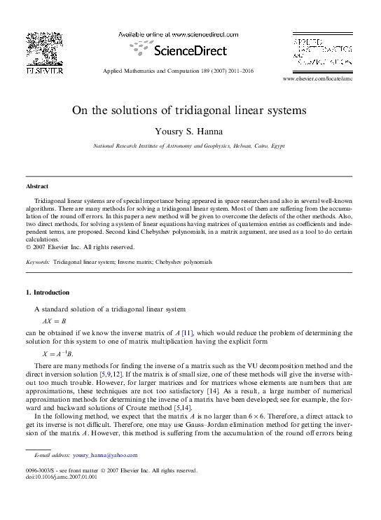 (PDF) On the solutions of tridiagonal linear systems