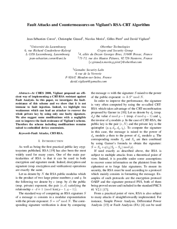 Pdf Fault Attacks And Countermeasures On Vigilants Rsa Crt Algorithm Christophe Giraud