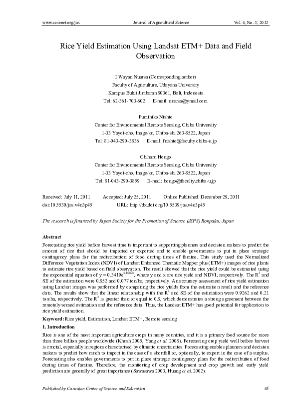 Pdf Rice Yield Estimation Using Landsat Etm Data And Field