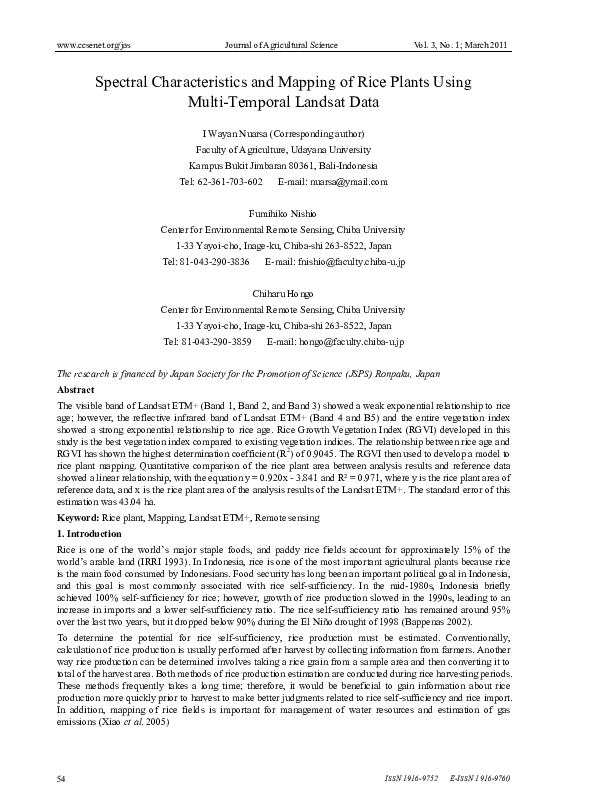 (PDF) Spectral Characteristics and Mapping of Rice Plants Using Multi-Temporal Landsat Data