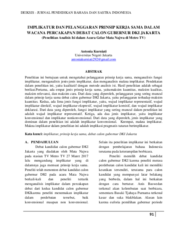 (PDF) Implikatur dan Pelanggaran Prinsip Kerjasama dalam Wacana ... (PDF) Implikatur dan Pelanggaran Prinsip Kerjasama dalam Wacana ...