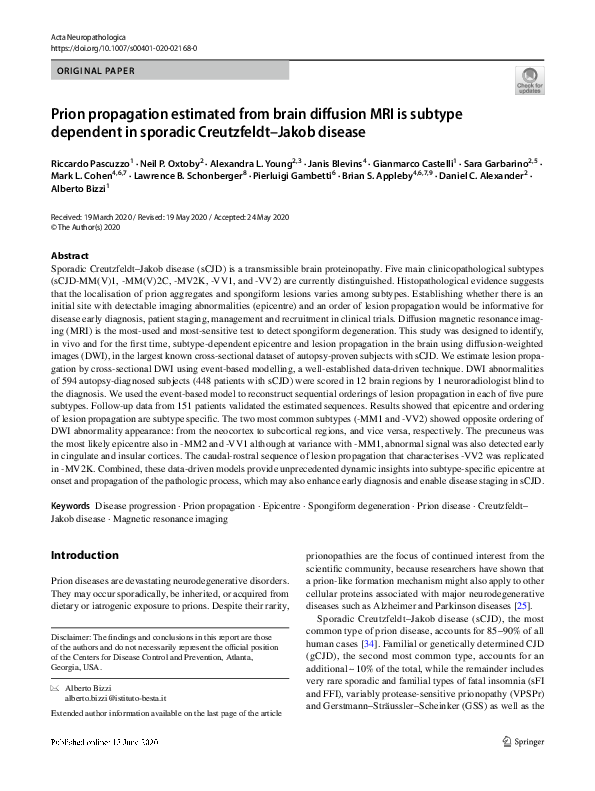 (PDF) Prion propagation estimated from brain diffusion MRI is subtype ...