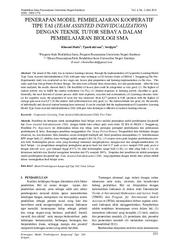 (PDF) Penerapan Model Pembelajaran Kooperatif Tipe Tai (Team Assisted Individualization) Dengan ...
