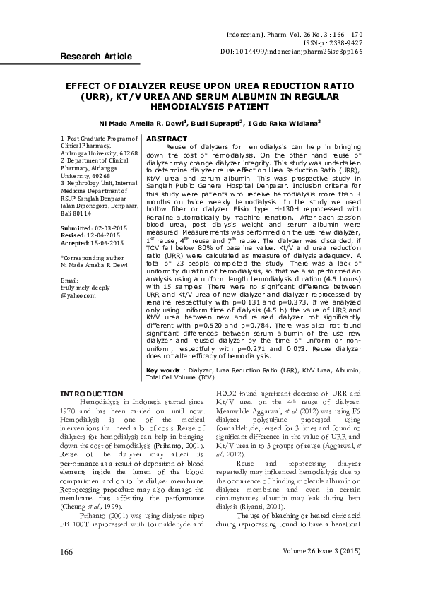 (PDF) Effect of Dialyzer Reuse Upon Urea Reduction Ratio (Urr), KT/V ...