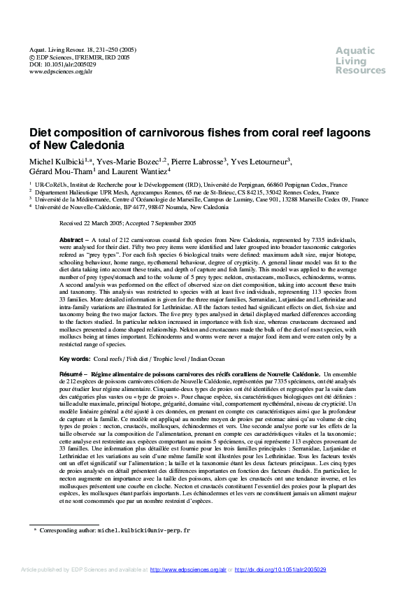 (PDF) Diet composition of carnivorous fishes from coral reef lagoons of New Caledonia