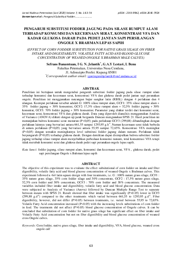 (PDF) Pengaruh substitusi fodder jagung pada silase rumput alam terhadap konsumsi dan kecernaan ...