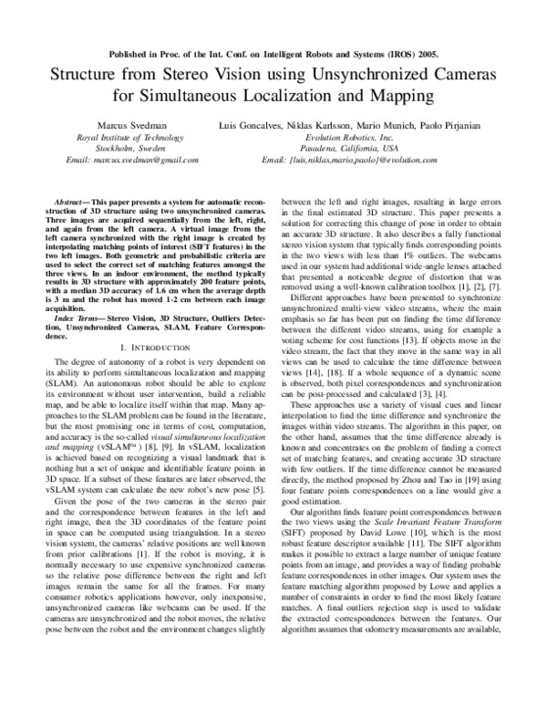 (PDF) Structure from stereo vision using unsynchronized cameras for simultaneous localization ...