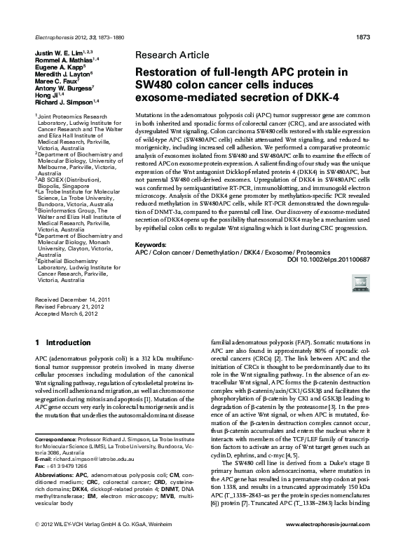 (PDF) Restoration of full-length APC protein in SW480 colon cancer ...