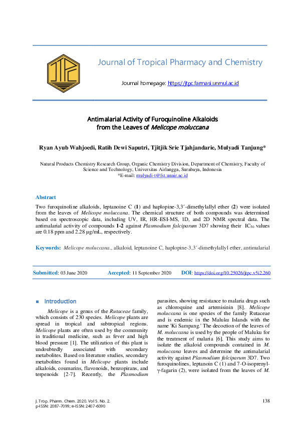 (PDF) Melicope moluccana Antimalarial Activity of Furoquinoline ...
