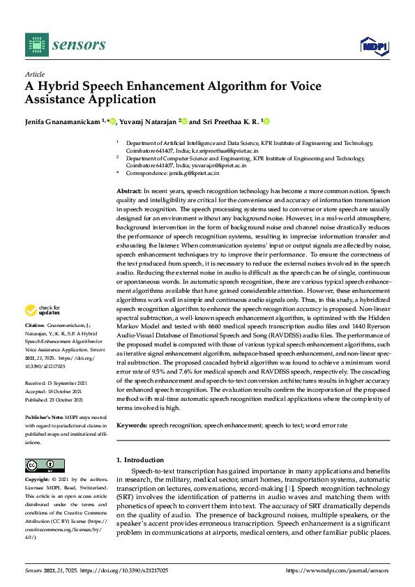 Pdf A Hybrid Speech Enhancement Algorithm For Voice Assistance