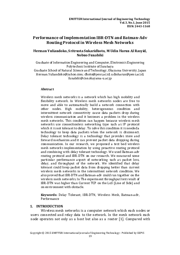 Pdf Performance Of Implementation Ibr Dtn And Batman Adv Routing Protocol In Wireless Mesh