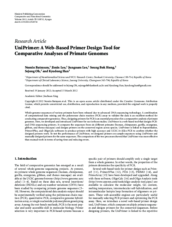 (PDF) UniPrimer: A Web-Based Primer Design Tool for Comparative Analyses of Primate Genomes