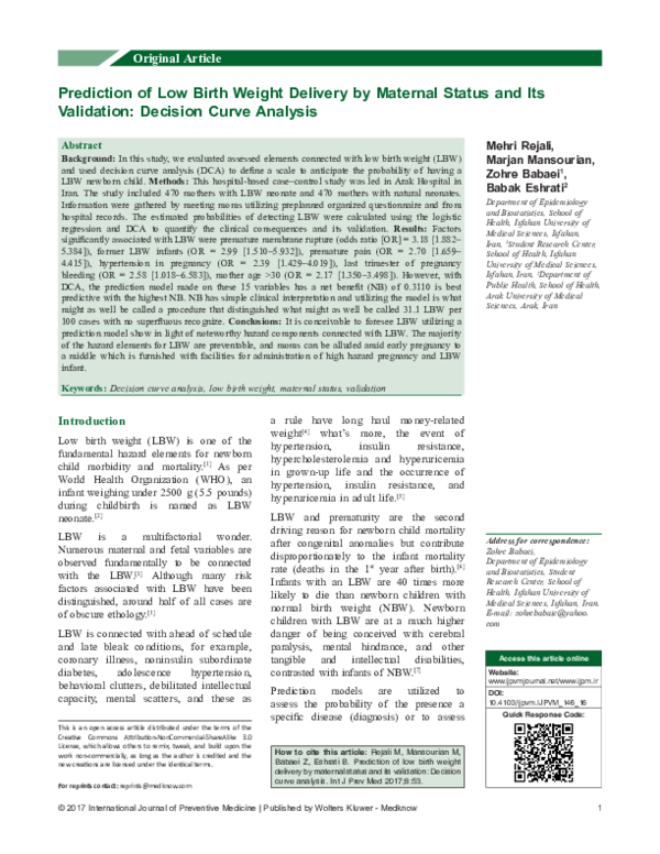 (PDF) Prediction of low birth weight delivery by maternal status and ...