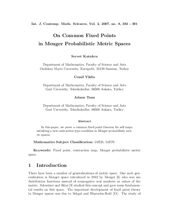 (PDF) On common fixed points in Menger probabilistic metric spaces