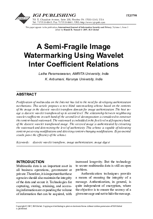 (PDF) A Semi-fragile Image Watermarking using Wavelet Inter Coefficient Relations