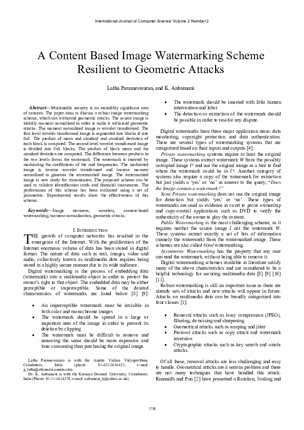 Pdf A Content Based Image Watermarking Scheme Resilient To Geometric Attacks