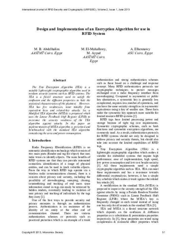 (PDF) Design and Implementation of an Encryption Algorithm for use in RFID System