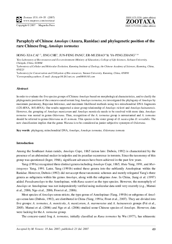 (PDF) Paraphyly of Chinese Amolops (Anura, Ranidae) and phylogenetic ...