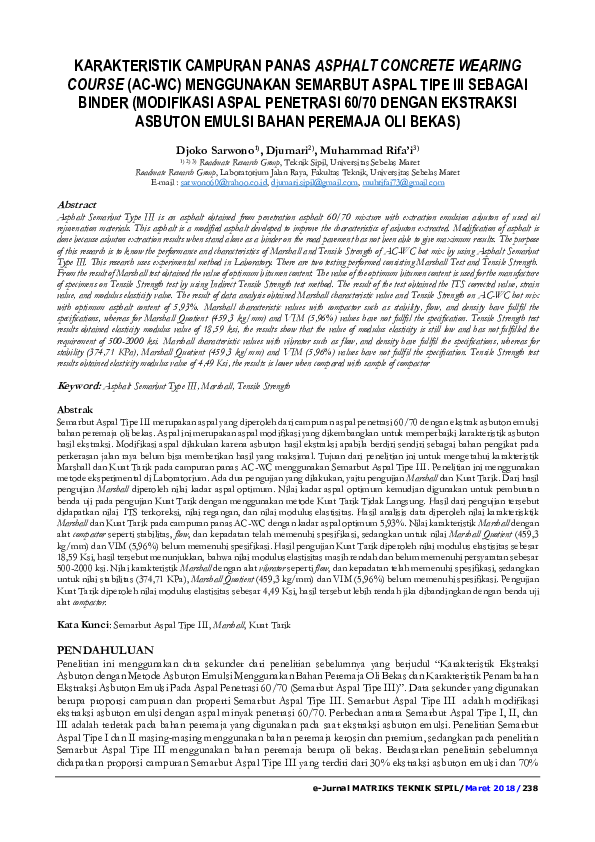 (PDF) Karakteristik Campuran Panas Asphalt Concrete Wearing Course (Ac-WC) Menggunakan Semarbut ...