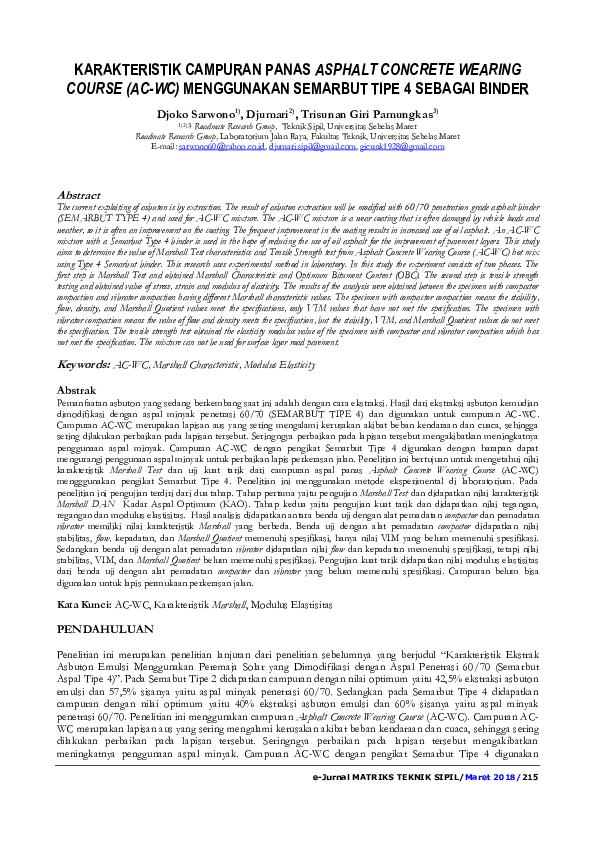 (PDF) Karakteristik Campuran Panas Asphalt Concrete Wearing Course (Ac-WC) Menggunakan Semarbut ...