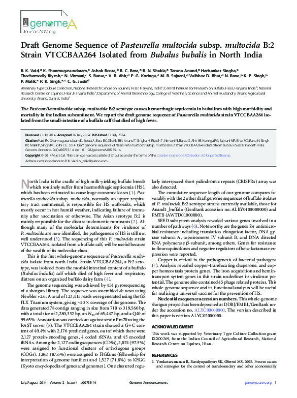 (PDF) Draft Genome Sequence of Pasteurella multocida subsp. multocida B:2 Strain VTCCBAA264 ...
