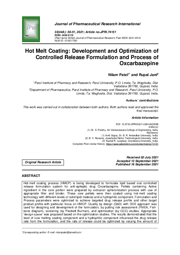 (PDF) A Quality by Design Approach for Coating Process Parameter Optimization | Pratap Sahu ...