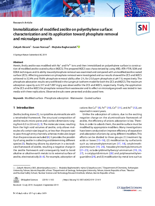(PDF) Immobilization of modified zeolite on polyethylene surface: characterization and its ...