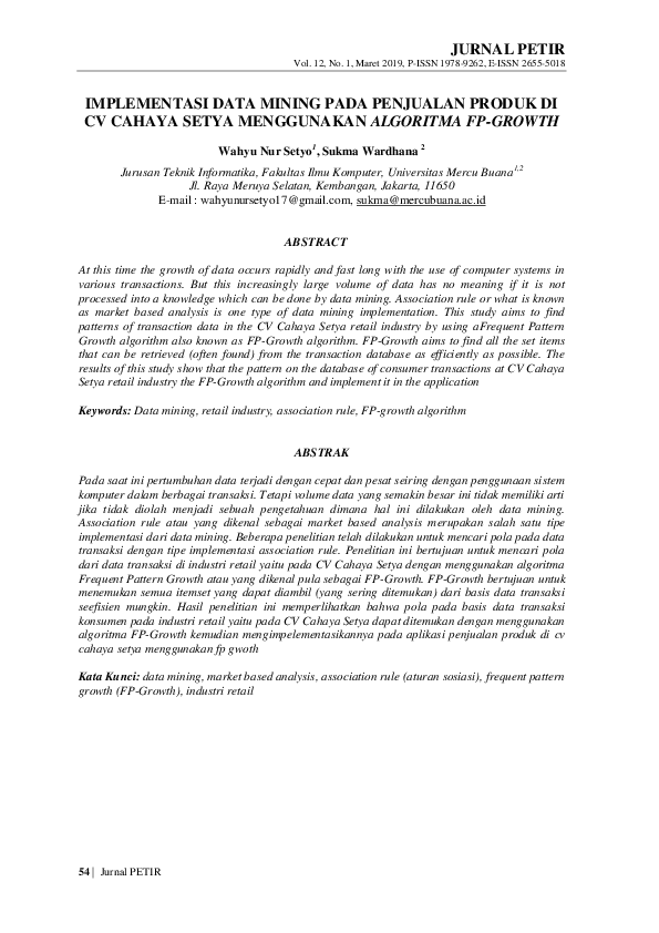 (PDF) Implementasi Data Mining Pada Penjualan Produk DI CV Cahaya Setya Menggunakan Algoritma FP ...