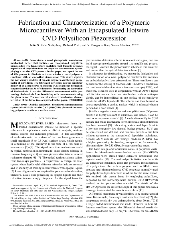 (PDF) Fabrication and Characterization of a Polymeric Microcantilever With an Encapsulated ...