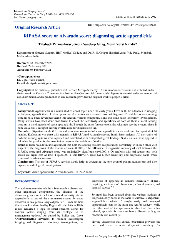 (PDF) RIPASA score or Alvarado score: diagnosing acute appendicitis