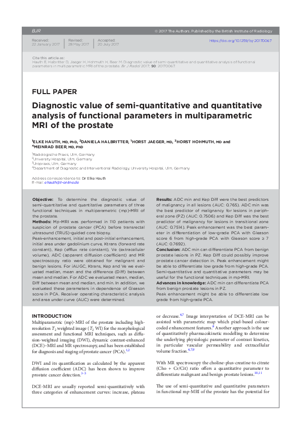 (PDF) Diagnostic value of semi-quantitative and quantitative analysis of functional parameters ...
