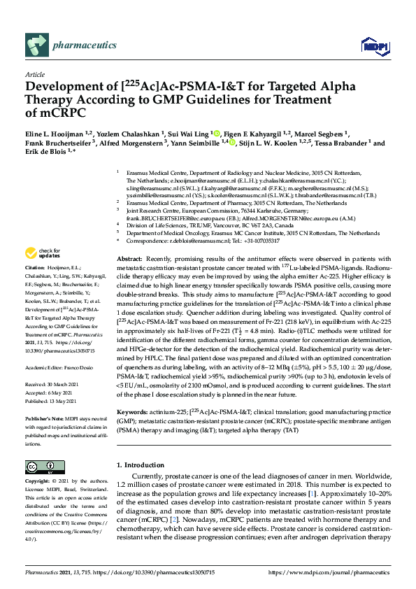 (PDF) Development of [225Ac]Ac-PSMA-I for Targeted Alpha Therapy According to GMP Guidelines for ...