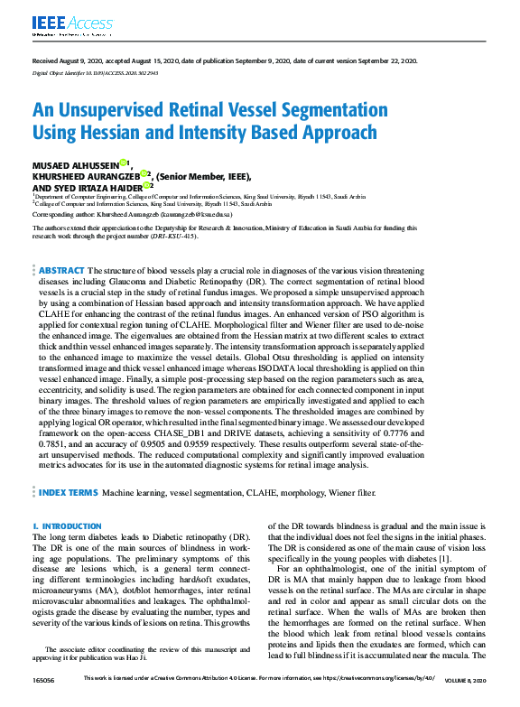 Pdf An Unsupervised Retinal Vessel Segmentation Using Hessian And Intensity Based Approach