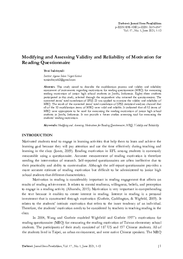 (PDF) Modifying and Assessing Validity and Reliability of Motivation ...