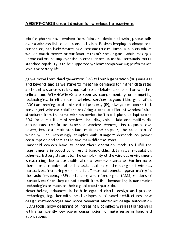 AMS/RF-CMOS circuit design for wireless transceivers