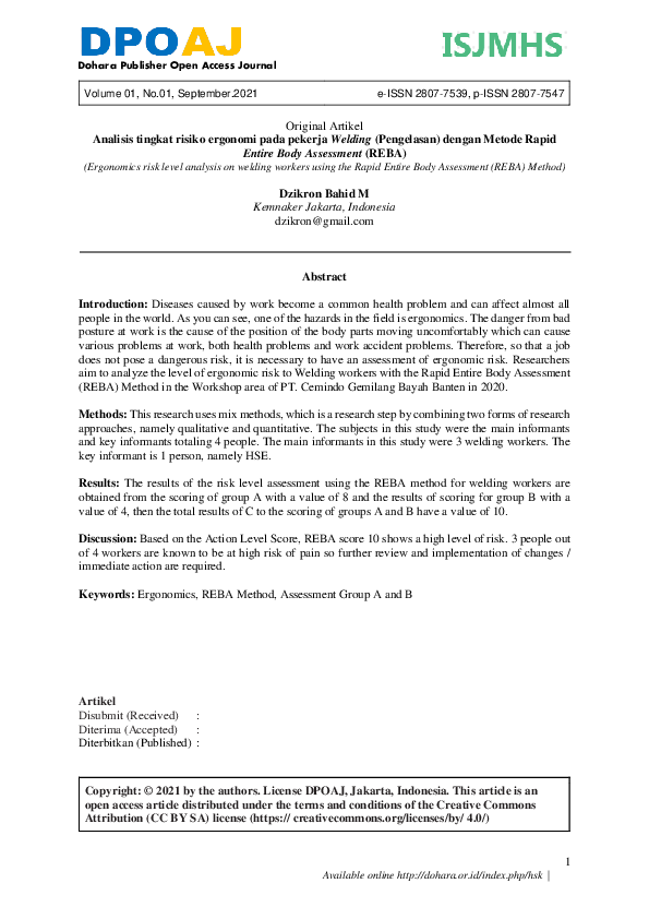 (PDF) Analisis tingkat risiko ergonomi pada pekerja Welding (Pengelasan ...