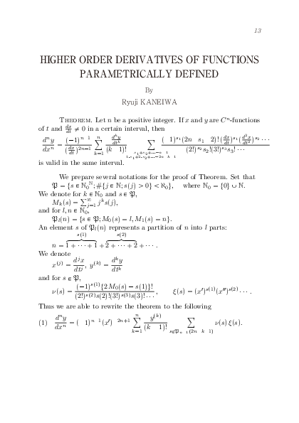 (PDF) HIGHER ORDER DERIVATIVES OF FUNCTIONS PARAMETRICALLY DEFINED
