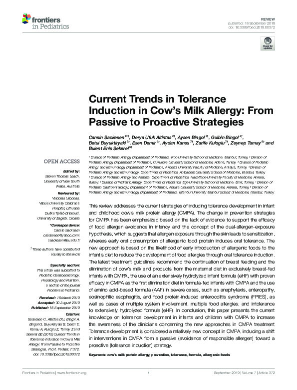 (PDF) Current Trends in Tolerance Induction in Cow's Milk Allergy: From ...