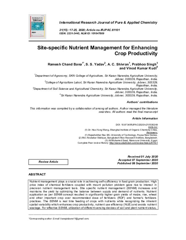 (PDF) Site-specific Nutrient Management for Enhancing Crop Productivity