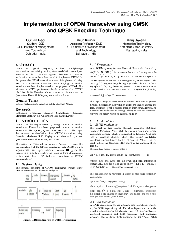 Pdf Implementation Of Ofdm Transceiver Using Gmsk And Qpsk Encoding Technique