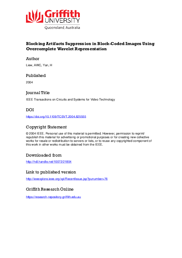 Pdf Blocking Artifacts Suppression In Block Coded Images Using Overcomplete Wavelet