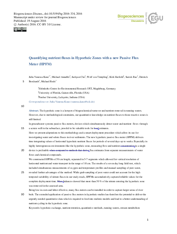 (PDF) Quantifying nutrient fluxes in Hyporheic Zones with a new Passive ...