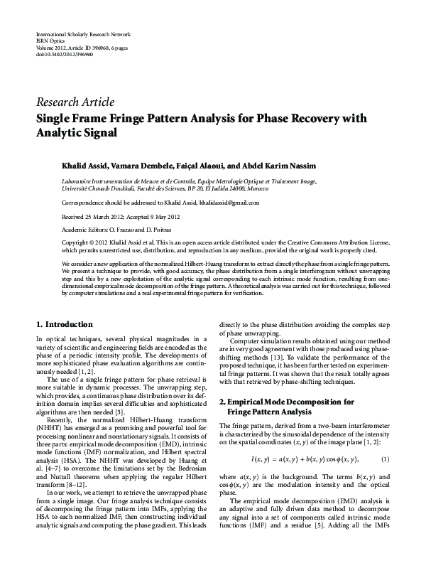 (PDF) Single Frame Fringe Pattern Analysis for Phase Recovery with Analytic Signal