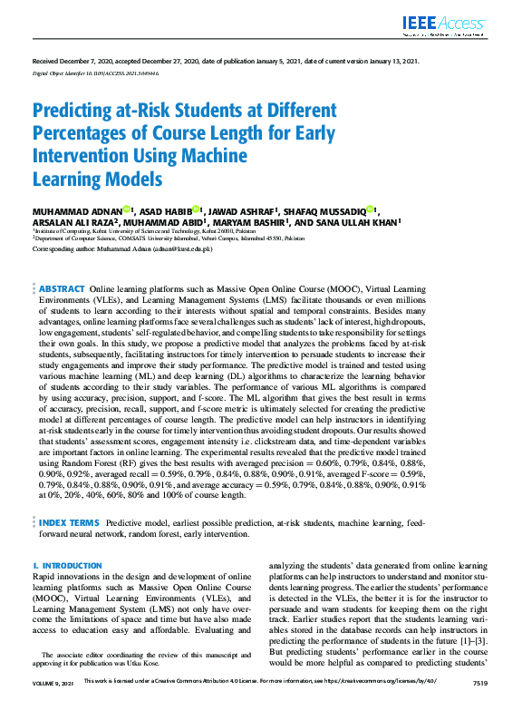 (PDF) Predicting at-Risk Students at Different Percentages of Course ...