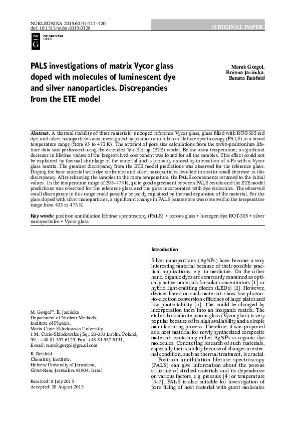 (PDF) PALS investigations of matrix Vycor glass doped with molecules of ...