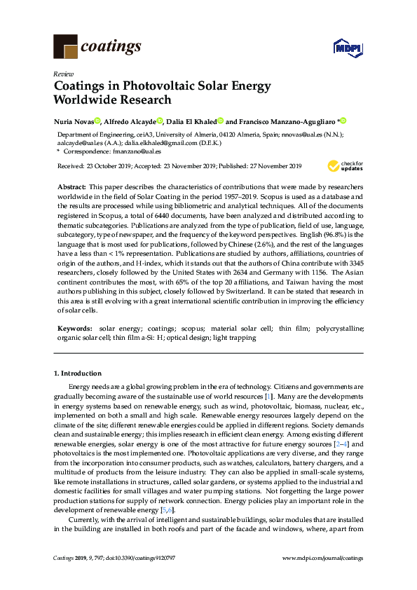 (PDF) Coatings in Photovoltaic Solar Energy Worldwide Research