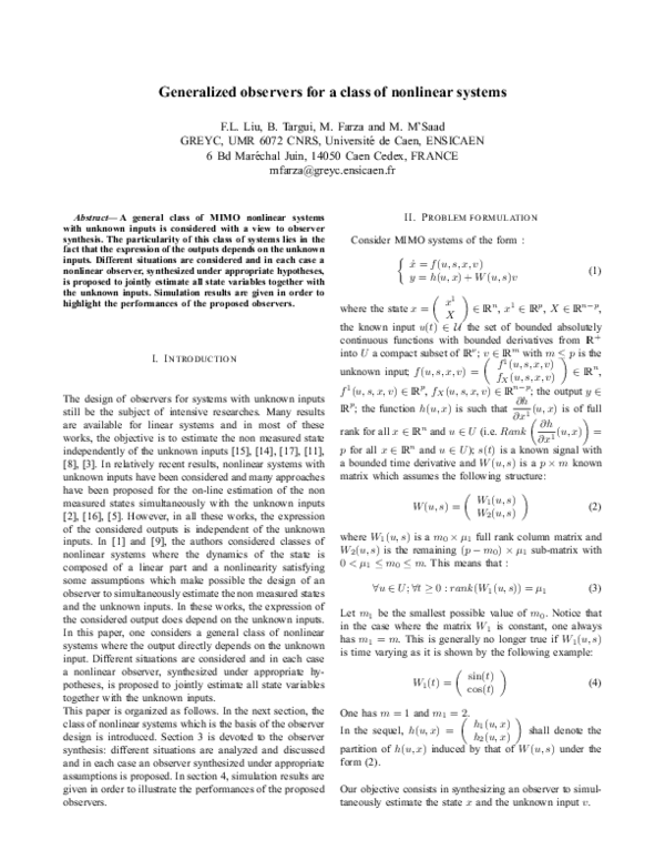 (PDF) Generalised observers for a class of non-linear systems